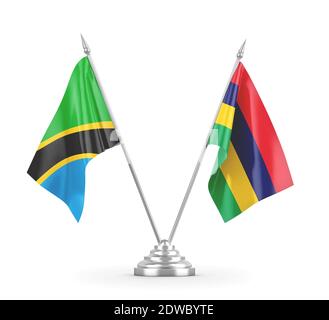Tanzania and Mauritius table flags isolated on white 3D rendering Stock ...