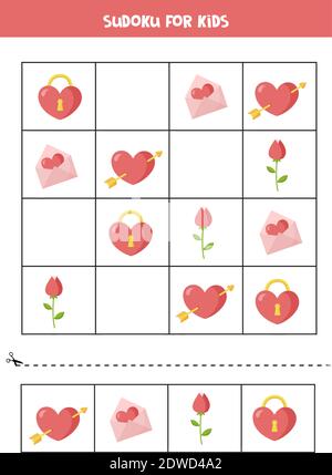 Sudoku puzzle with cute cartoon valentine objects. Logical game for ...
