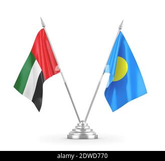 United Arab Emirates and Palau table flags isolated on white 3D ...