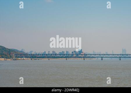 Landscape of Qiantang River Bridge and modern city skyline in Hangzhou ...