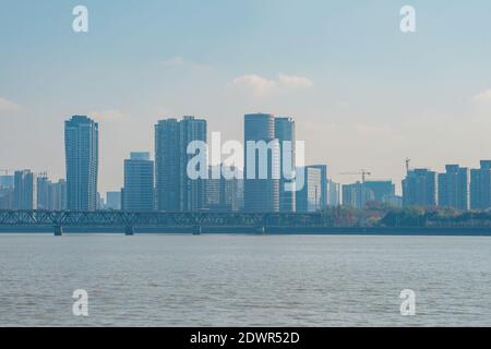 Landscape of Qiantang River Bridge and modern city skyline in Hangzhou ...