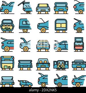 Trunk car icons set flat vector. Sedan bag. Summer storage isolated ...