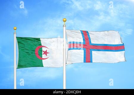 Algeria and Faroe Islands flag waving in the wind against white cloudy ...