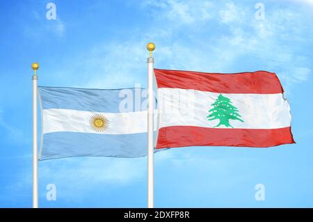 Lebanon and Argentina flag waving in the wind against white cloudy blue ...