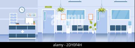 Modern clinic reception flat vector illustration. Smiling doctor, woman ...