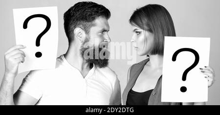 Confused couples with question marks. Conflict between two people ...