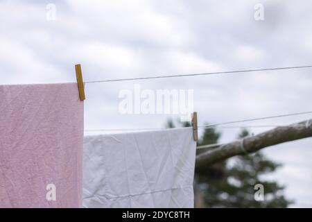 Bedclothes hanging in fresh air on the balcony, Oberammergau, Ammergau ...