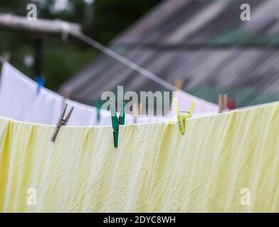 Bedclothes hanging in fresh air on the balcony, Oberammergau, Ammergau ...