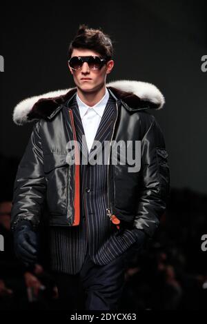 A model wears a creation as part of the Louis Vuitton Fall/Winter 2026 ...