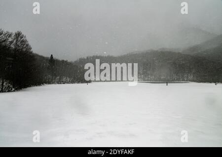 Kagami Ike (Mirror Lake), in Autumn with Togakushi mountain in the ...