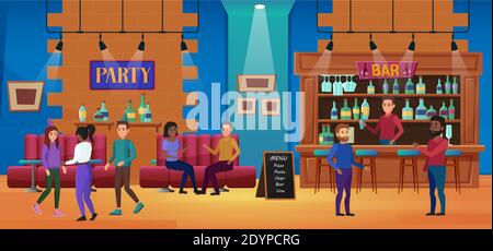 People on nightlife fun bar party vector illustration. Cartoon flat man ...