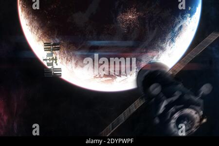 Space stations on background of inhabited planets in deep space Stock ...