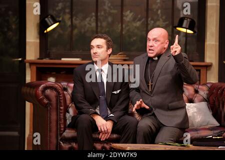 Clement Michelle, Gilles Vajou during a curtain call of the play 'Des Pieds et des Mains ...