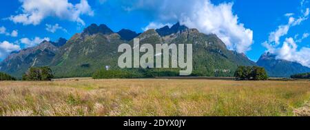 Knobs flat grassland and Southern Alps on New Zealand’s State Highway ...