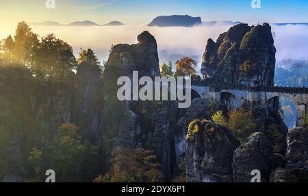 The famous Bastei Bridge bridge in Saxon Switzerland National Park ...