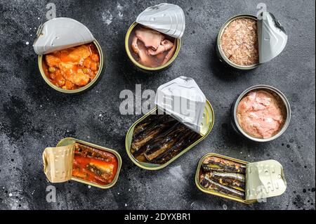 Assortment of cans of canned with different types of fish set, on gray ...