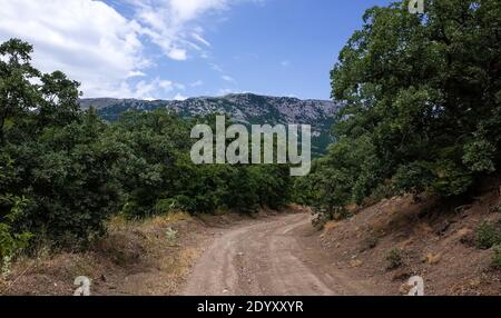 Country road against the backdrop of inaccessible rocks surrounded by ...