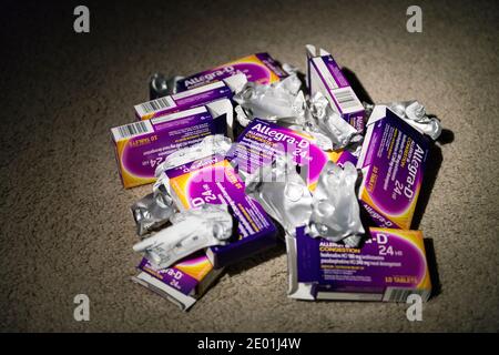 Seattle, USA. 27th Dec, 2020. A pile of Allegra D 24 HR empty boxes ...
