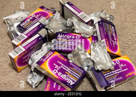 Seattle, USA. 27th Dec, 2020. A pile of Allegra D 24 HR empty boxes ...