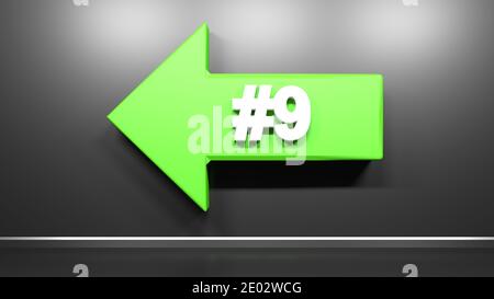 Number Nine red arrow at black background - 3D rendering illustration ...