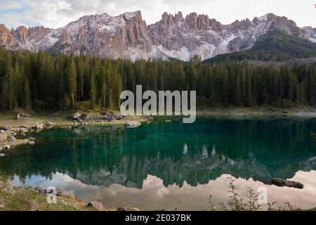 sunset on Carezza Lake in Trentino Alto Adige in Italy Stock Photo - Alamy