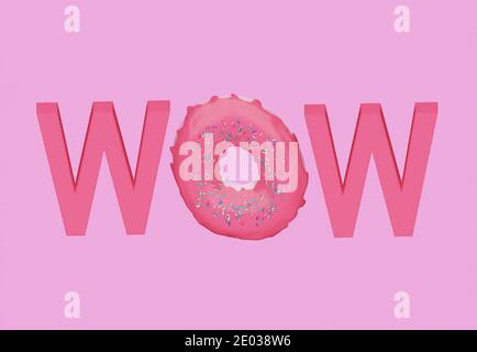 Pink WOW donut. Colored word WOW, 3d illustration Stock Photo - Alamy