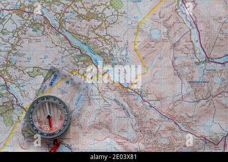 Top down, map and compass, navigation tools Stock Photo - Alamy