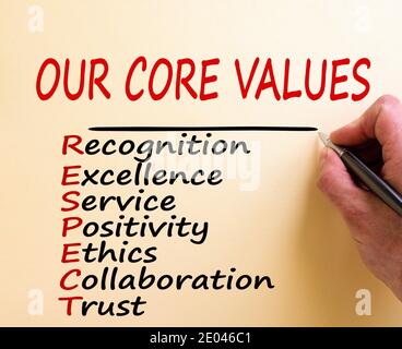 Our core values symbol. Businessman writing words 'Our core values ...