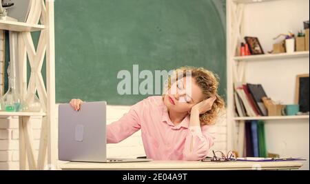 Exhausting lesson. Teacher exhausted after hard working day. School ...