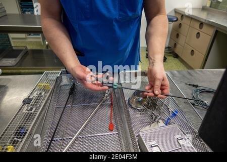 Medical equipment in trays in emergency room in A&E ward of hospital ...
