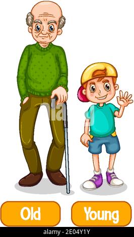 Opposite adjectives words with old and young illustration Stock Vector ...