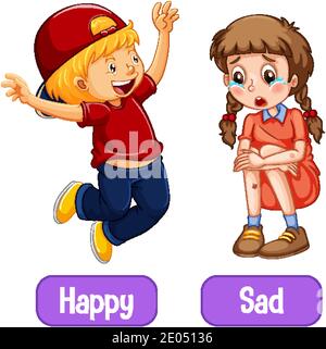 Opposite feeling words with happy and sad illustration Stock Vector ...