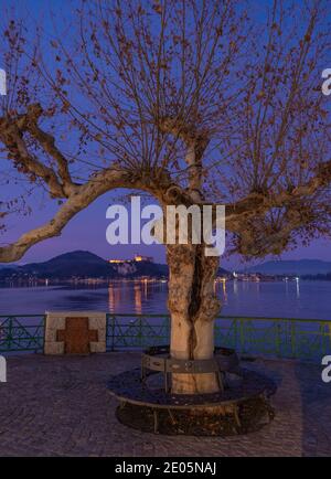 A panoramic view of Arona, a town in northern Italy, known for its ...