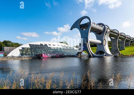 The Falkirk Wheel, a rotating boat lift in Tamfourhill, Falkirk, in central Scotland, connecting ...