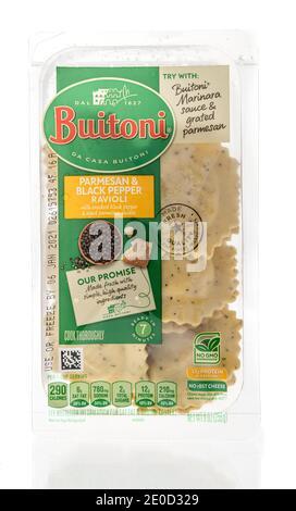 Winneconne, WI -27 December 2020: A package of Rosetto ravioli on an ...
