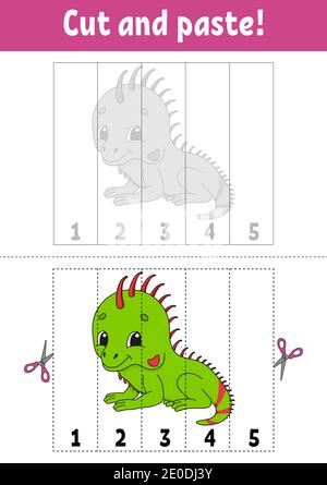 Puzzle game for kids. Green iguana. Education worksheet. Color activity ...
