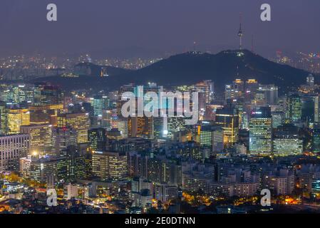 Night view of Namsan tower overlooking downtown Seoul, Republic of ...