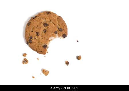 Bitten off chocolate, crumbled homemade cookies on a white background ...
