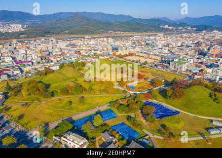 BUSAN, KOREA, OCTOBER 31, 2019: Aerial view of burial tombs in center ...