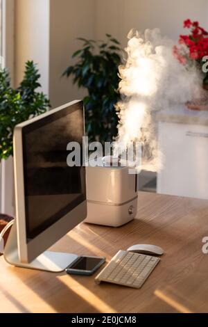 Modern humidifier and houseplant on table against color background ...
