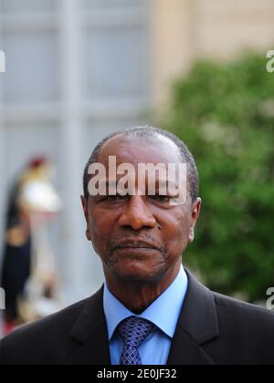 President Alpha Conde of Guinea speaks to the press after a meeting ...
