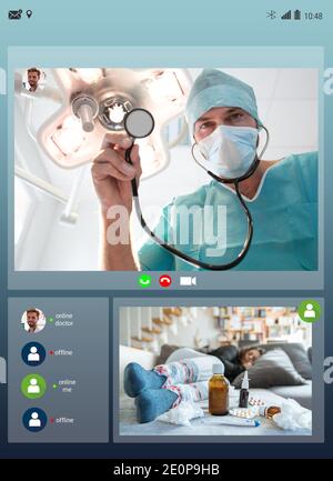 Covid, tablet and doctor consulting patient, woman or girl about test ...