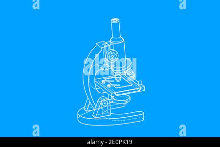 Hand-drawn microscope with blueprint style, raster illustration ...