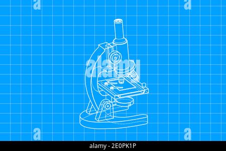 Hand-drawn microscope with blueprint style, raster illustration ...