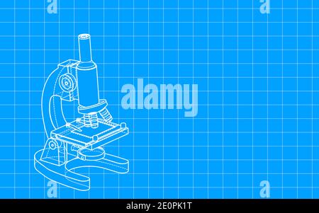 Hand-drawn microscope with blueprint style, raster illustration ...