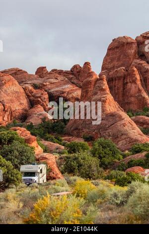 Motorhome in front of rock scenery, Devils Garden Campground, Arches ...