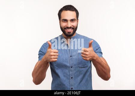 Happy man enjoying positive feedback, want more subscribers and ...