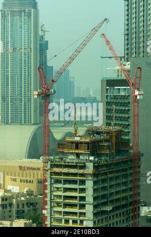 UAE, Dubai, Downtown Dubai, high rise buildings along Sheikh Zayed Road ...