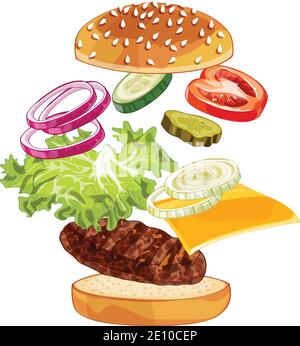 Hamburger with with meat, tomato, cheese, and lettuce in light brown ...