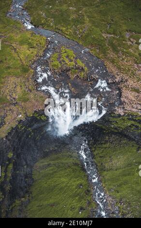 Aerial view of Fossa double-tiered waterfall, Faroe Islands Stock Photo ...